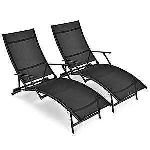 Giantex Set of 2 Patio Chaise Lounge Chairs, with 5-Level Adjustable Backrest, Armrests, Fast-Drying Fabric, Foldable and Stackable Lounger for Poolside, Backyard Outdoor Chaise Recliner,Black