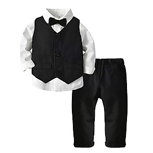 Toddler Boy Clothes Suit Gentleman Wedding Outfits, Formal Dress Shirt+Bowtie+Vest+Pants, US 18-24 Months = Tag 90