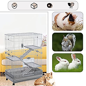 Gecheer 4-Tier 32" Small Animal Metal Cage Height Adjustable with Lockable Casters Grilles Pull-Out Tray for Rabbit Chinchilla Ferret Bunny Guinea Pig Squirrel Hedgehog Grey