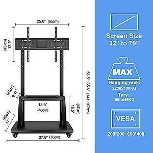 Hellsehen Mobile TV Stand,Rolling TVs Cart on Wheels Height Adjustable Heavy-Duty Floor Stand Base for 32 -70 Inch LCD LED OLED Flat Panel Screens Smartboard Movable Holds up to 100lbs with Shelf