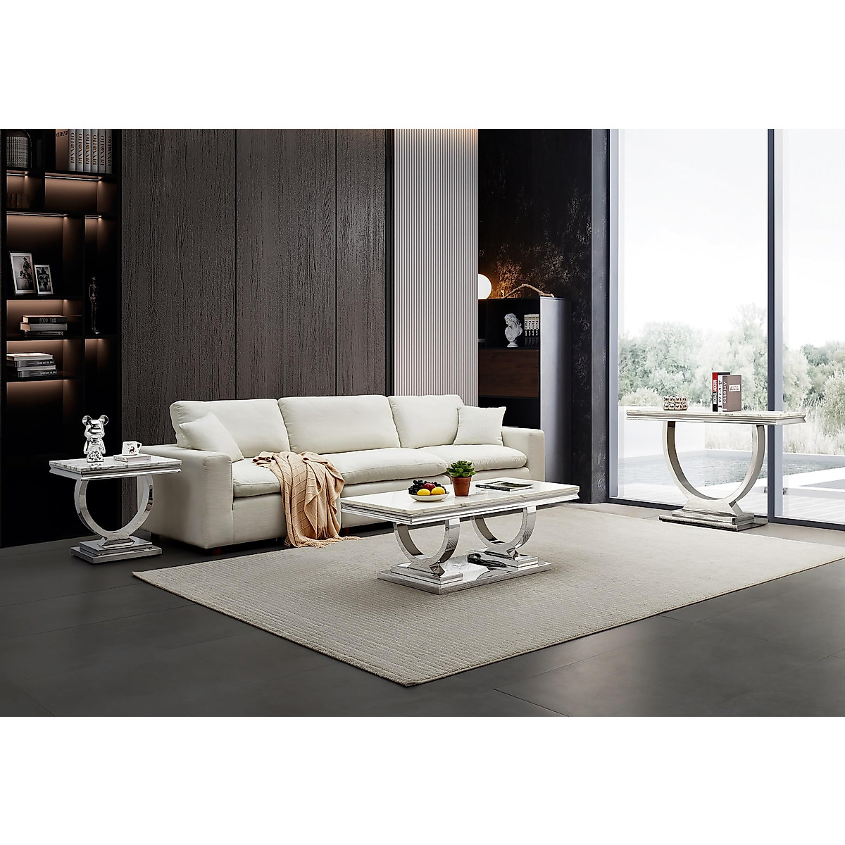 Mid-Century Modern White Marble End Table w/Silver U-Shaped Stainless Steel Base Night Stand Square End Table for Living Room Luxury Sofa Side Table witn High Glossy Finish