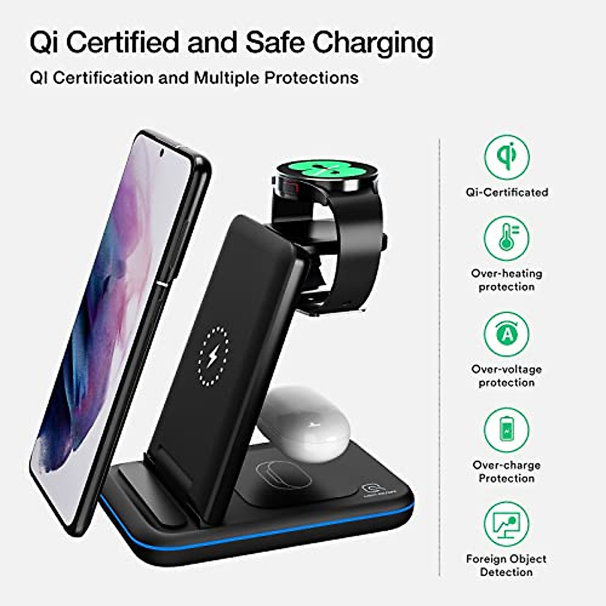 Wireless Charging Station for Samsung, Earteana 3 in 1 Qi Certified Charger/Stand for Samsung Galaxy S23/S22/S21/S20/Note20/10, Galaxy Watch4/Classic/3/1/Active 2/1, Buds+/Live with Adapter (Black)
