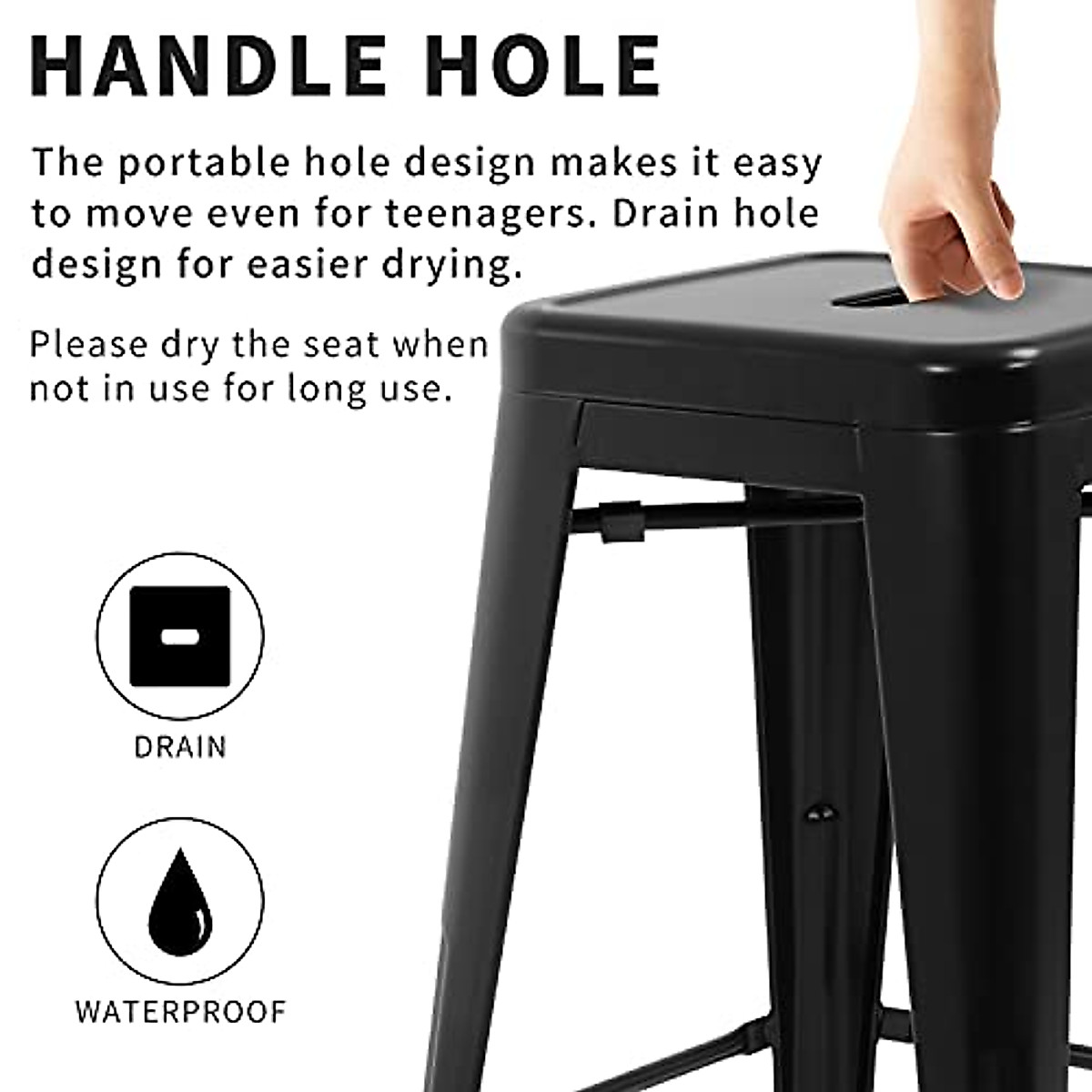 HCY Metal Dining Chairs Metal Bar Stools Kitchen Chairs 24 Inches Patio Chairs Set of 4 Stackable Chair for Indoor Outdoor (Black)