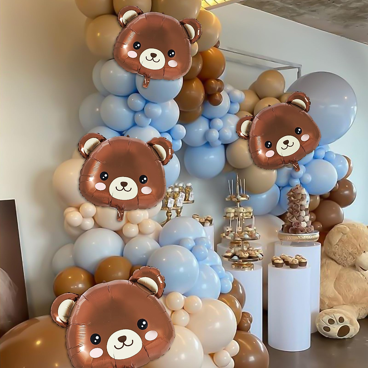 Whaline Blue Brown Balloon Garland Arch Kit 163Pcs Round Latex Bear Foil Balloons with Balloon Chain and Ribbon Set for Boys Girls Baby Shower Birthday Wedding Teddy Bear Boho Theme Party Decorations