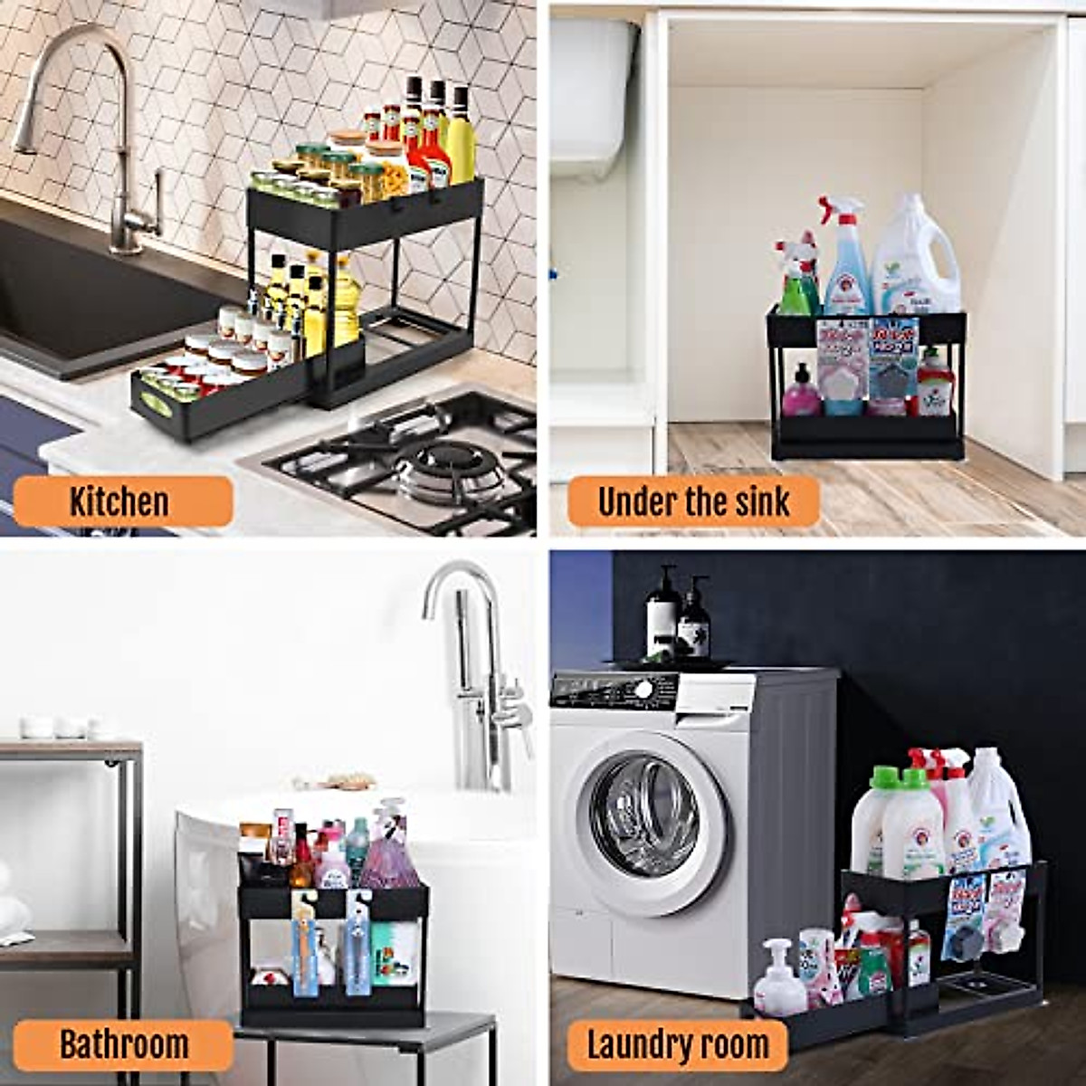 Multi-purpose Under Sink Shelf Organizer - 2-Tier Sliding Storage Drawer Basket Hollow Design Storage Organizer with Hooks,Support Tubes,Antil-slip pads,Suitable for Kitchen Bathroom (Single pull)