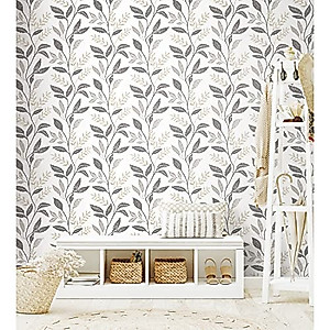 RoomMates RMK12178PLW White Cottage Vine Peel and Stick Wallpaper, Grey, Taupe
