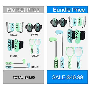 Nintendo Switch Sports Accessories, Nintendo Switch Sports Leg Strap, Switch Wrist Straps, Switch Boxing Grips, Switch Tennis Racket and Switch Golf Club - Blue and Green