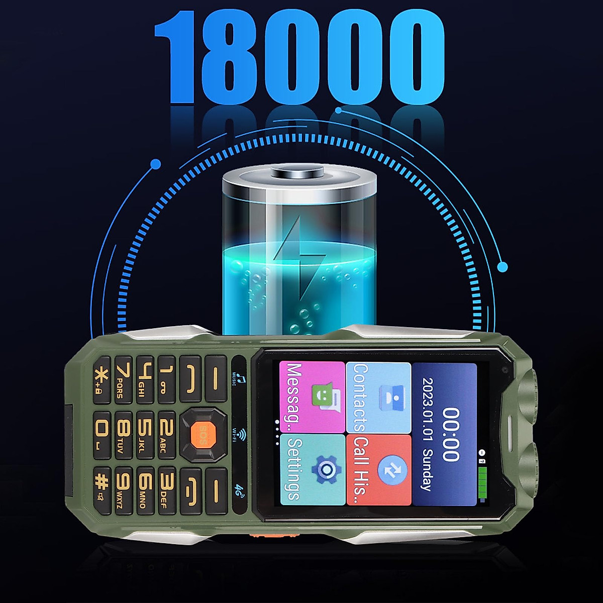 GOWENIC Rugged Senior Cellphone, 4G 4in Touch Screen, Large Button, 18000mAh Battery, LED Flashlight, Loud Sound, Quick Dial Phone,7.0, Extended Standby Time (Green)