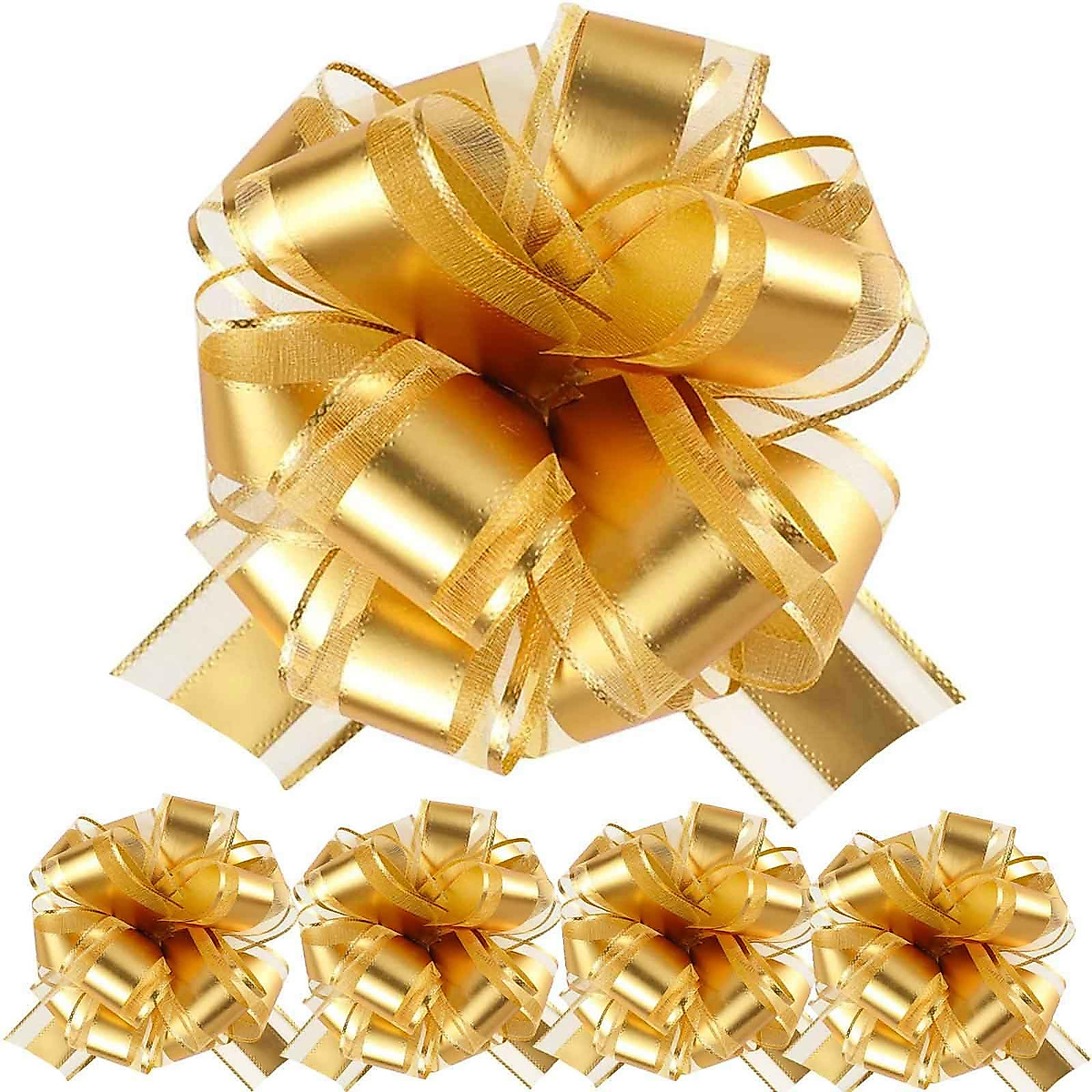 We Moment 5 PCS 7 inches Large Pull Bows Wrapping Pull Bow Ribbon，Gold Gift Wrap Bows for Gift Wrapping Baskets Wedding or Flower Decorations, Valentine's Day Christmas Birthday Gift Decorations