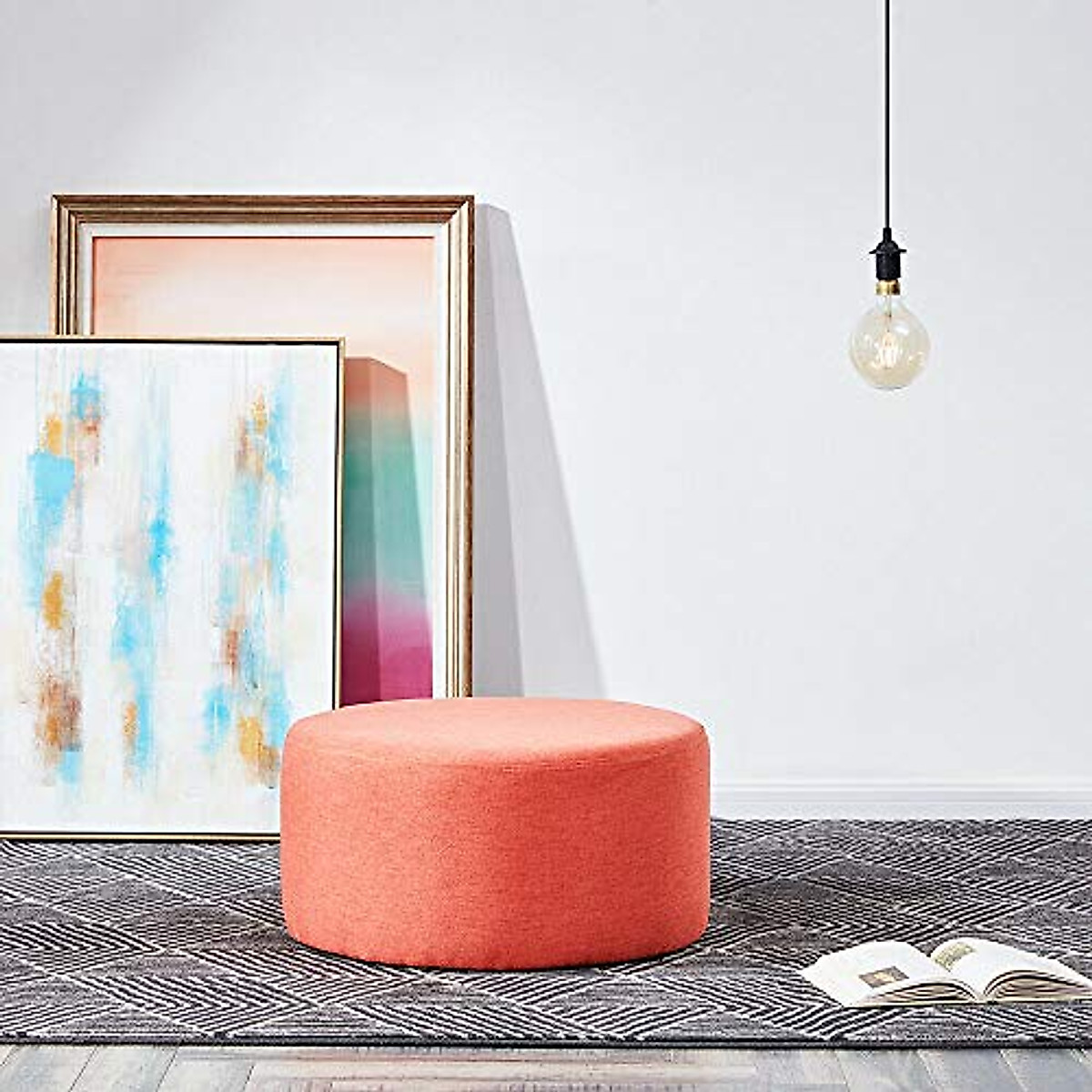 24inches Pouf Round Vanity Ottoman Seat Sofa Footrest Stool Couch Orange Durable Sturdy Heavy Duty Ergonomic Comfortable for Home Indoor Outdoor Patio Garden Backyard Poolside Living Room Bedroom Dorm