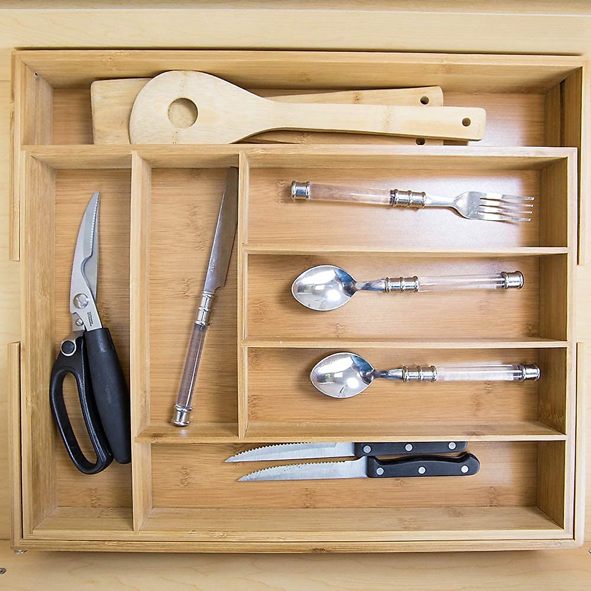 Home Basics Expandable Bamboo Utility Drawer Organizer with 8 Compartments Utensil Cutlery Tray, Adjustable Kitchen Divider for Craft, Sewing, Office, Bathroom, Kitchen