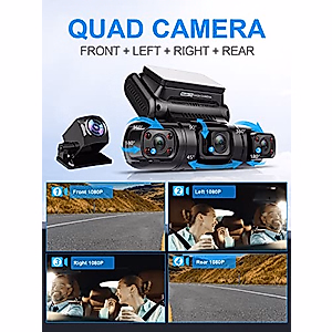 PRUVEEO Dash Cam, 4 Channel Camera FHD 1080Px4, Front, Left, Right and Rear, Front and Rear Inside, GPS, 256 GB Max, Free 128GB Micro SD Card, D90-4CH