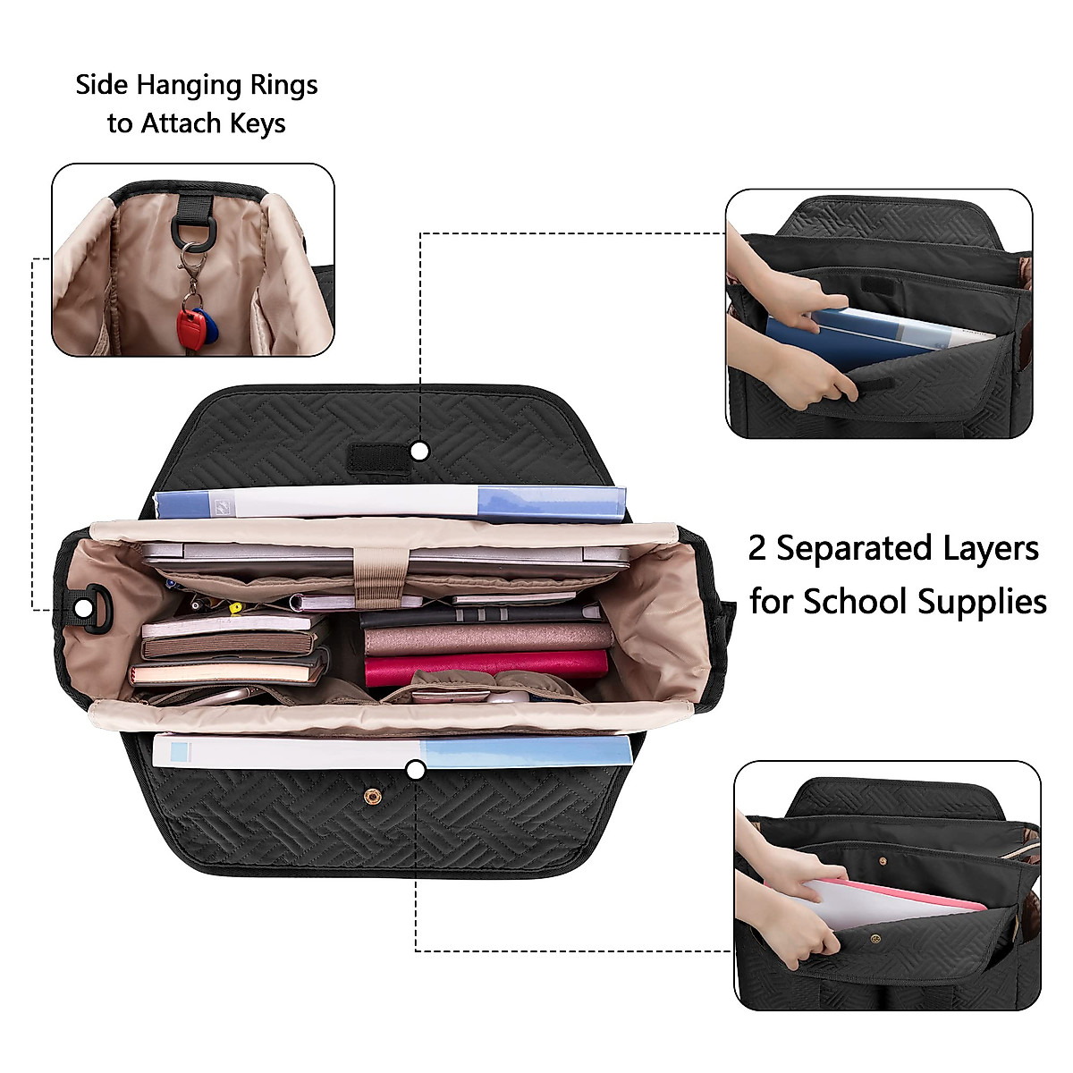 Fasrom Teacher Bag for Work Women, Large Utility Tote Bag with Laptop Compartment for Teacher Essentials (Empty Bag Only), Black