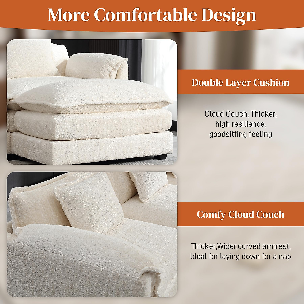 OUYESSIR Oversized Sectional Sofa Cloud Couch for Living Room, 112" Chenille Modern Upholstery L Shape Sofa, Comfy Boucle Modular Sleeper Sofa with Ottoman & Memory Foam,White