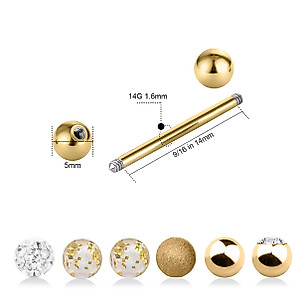CrazyPiercing 12Pcs Stainless Steel Tongue Ring Barbell Retainer Body Piercing Jewelry 14G (Gold Pack)