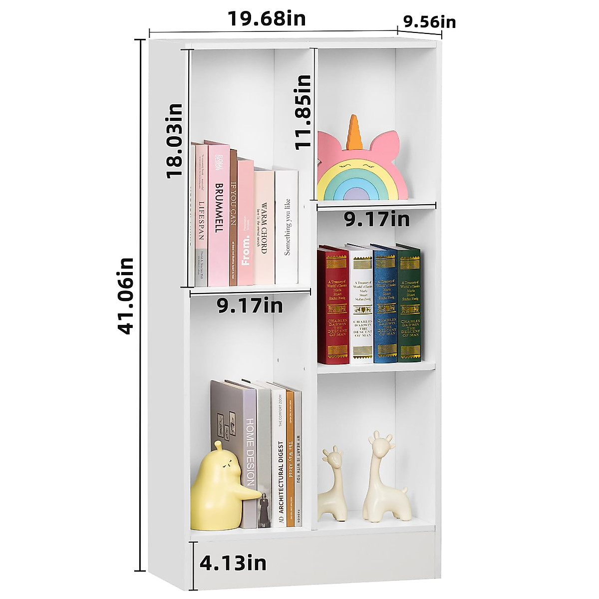 YAHARBO 5 Cube White Bookshelf,Small Modern Horizontal Bookcase,Wood Floor Standing Low Bookshelves Display Storage Cabinet with Base, Short Book Shelf Open Organizer for Bedroom,Living Room,Office