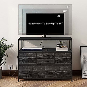 Simoretus TV Stand with Power Outlet and Fabric Drawers Entertainment Center for TV up to 45 inch Industrial Open Storage Shelf Media Console Dresser for Living Room Bedroom Charcoal Black