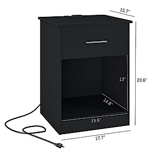 Reettic Set of 2 Nightstand with Charging Station and USB Ports & Power Outlets, Wooden End Table with Drawer and Opening Shelf, Side Table for Bedroom, Black RCTG101BE02