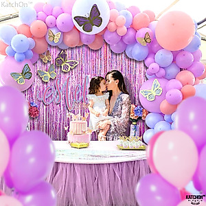 KatchOn Iridescent Pink Backdrop Curtain - XtraLarge 3.2x8 Feet, Pack of 2 | Pink Streamers for Pink Party Decorations | Pink Fringe Backdrop for Pink Birthday Decorations | Pink Fringe Photo Backdrop