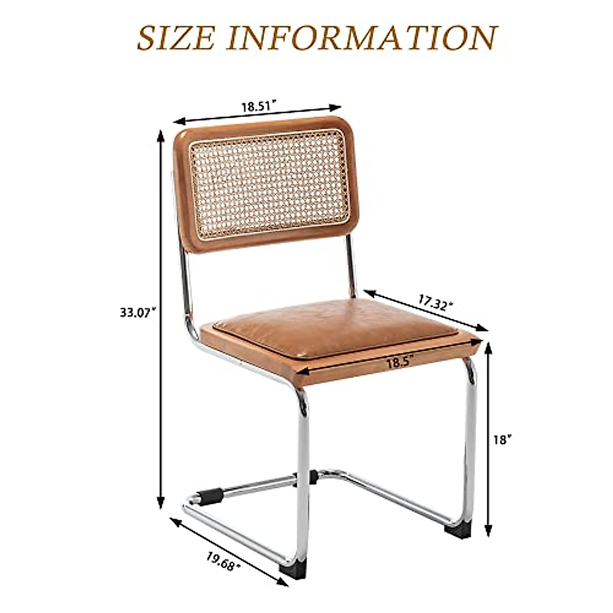 Alunaune Mid Century Modern Dining Chairs Set of 2, Upholstered Natural Rattan Kitchen Accent Chairs, Armless Side Chair with Metal Chrome Legs for Bedroom Living Room-Brown with PU Seat