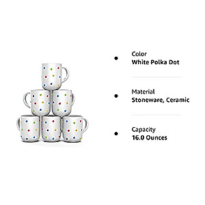 Francois et Mimi, Set of 6 Large 16 Ounce Ceramic Coffee Mugs (White Polka Dot)