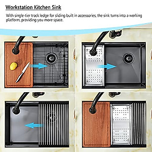 25 Inch Undermount Kitchen Sink Workstation, Jshozzy 25x19 Handmade Black 304 Stainless Steel Undermount Kitchen Sink with Offset Drain Deep Single Bowl Bar Prep Sink Basin