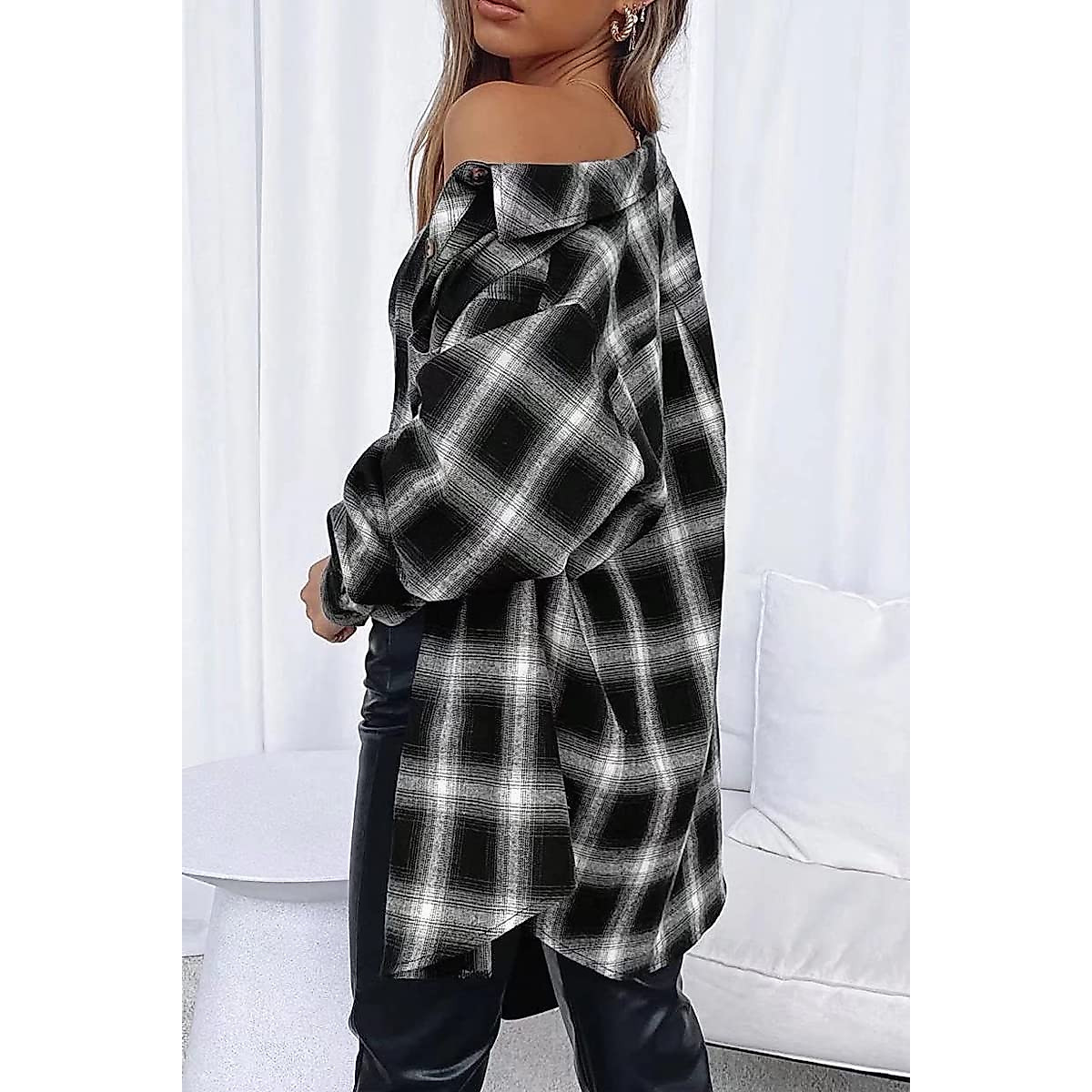 CHYRII Womens Button Down Flannel Shirts Long Sleeve Plaid Shacket Business Casual Tops Black XL