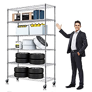 Wire Shelving Unit NSF Heavy Duty Office Basement Kitchen Adjustable Metal Storage Shelves Rack with Wheels 48"x18"x82" 6 Tier Shelf Commercial Grade Utility Garage Shelving Unit