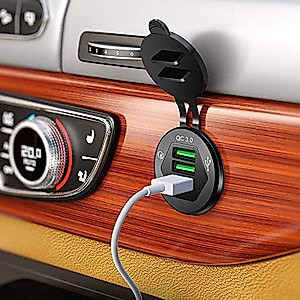 3 USB 3.0 Car Charger, 12V/24V 36W QC3.0 USB Charger Socket, 3 x USB 3.0 Socket Charger USB Outlet Fast Charge with 10A Wire Fuse Aluminum (Black)