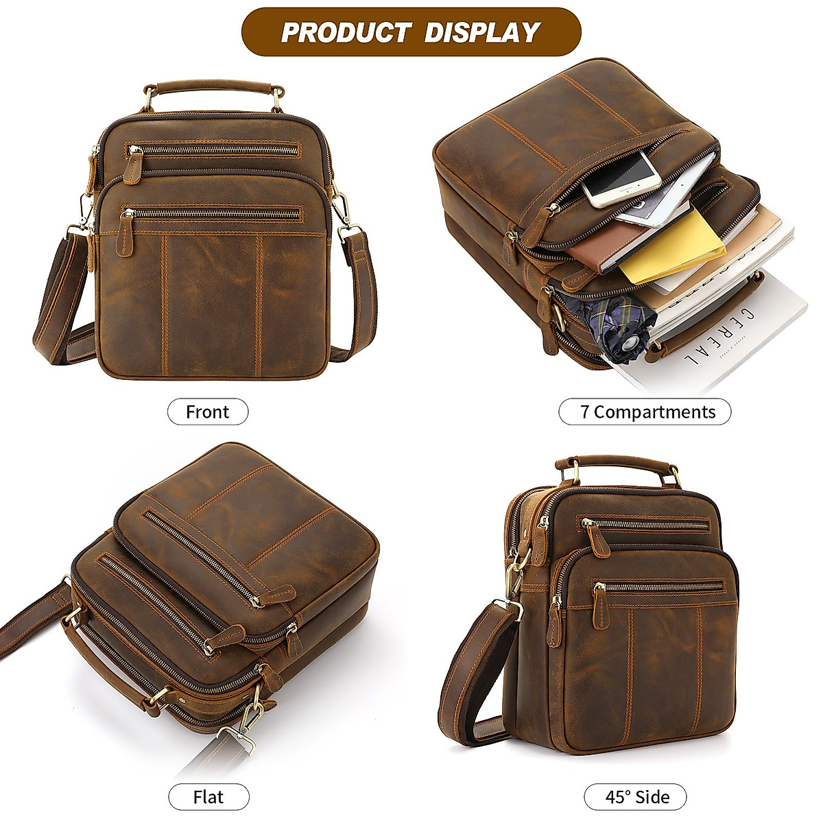 Jack&Chris Leather Man Purse Shoulder Bag,Small Mens Crossbody Messenger Bags for Work,Men Satchel Handbag,Brown,JC04-8