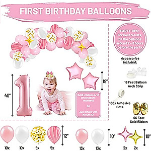1st Birthday Girl Decorations WITH Birthday Crown- Baby First Birthday Decorations Girl - Pink and Gold Party Supplies - One Balloon, Heart and Confetti Balloons, Happy Birthday Banner ONE Cake Topper