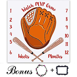 EARVO Baby Monthly Milestone Blanket, Photo Prop for Newborn Growth Photography, Baseball Month Blanket for Baby Boy Shower Gift Baby Growth Blanket boy, 40x40 inches, EADS254