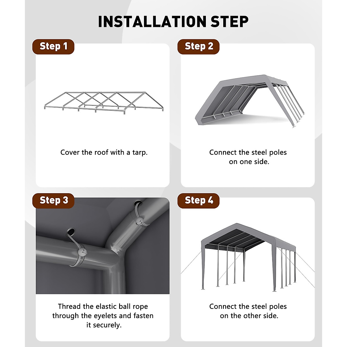 GarveeLife 25'x 13'x 11' Carport Top Replacement Cover 180G Heavy-Duty Garage Top Tent Shelter Tarp Waterproof & UV Protected (Top Cover ONLY, Frame Not Included) (Gray)