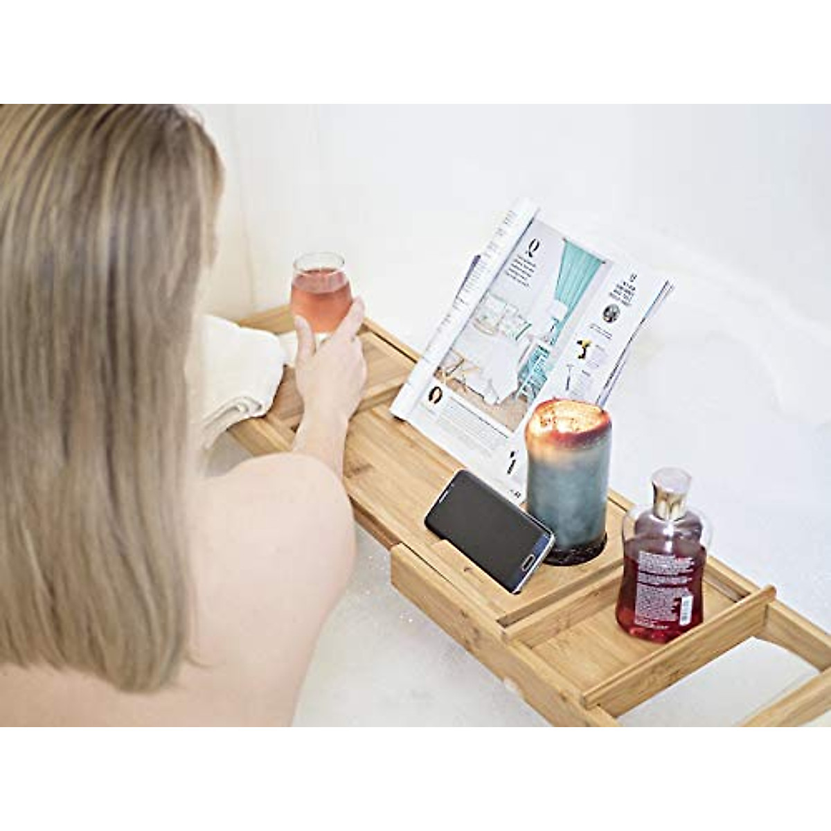 ModernTropic Home and Spa Bamboo Bathtub Caddy and Tray Expandable Non-Slip Wooden Bath Tray Securely Holds Drinks, Book/Tablet, Accessories, Phone