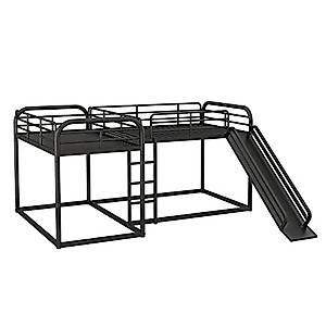 WOXYX Full and Twin Size L-Shaped Bunk Bed,Metal 4 Beds Frame with Slide and Short Ladder,White