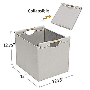 HOONEX Large Foldable Storage Bins, Linen Fabric, 2 Pack, with Wooden Carry Handles and Sturdy Heavy Cardboard, for Home, Office, Car, Nursery, Beige