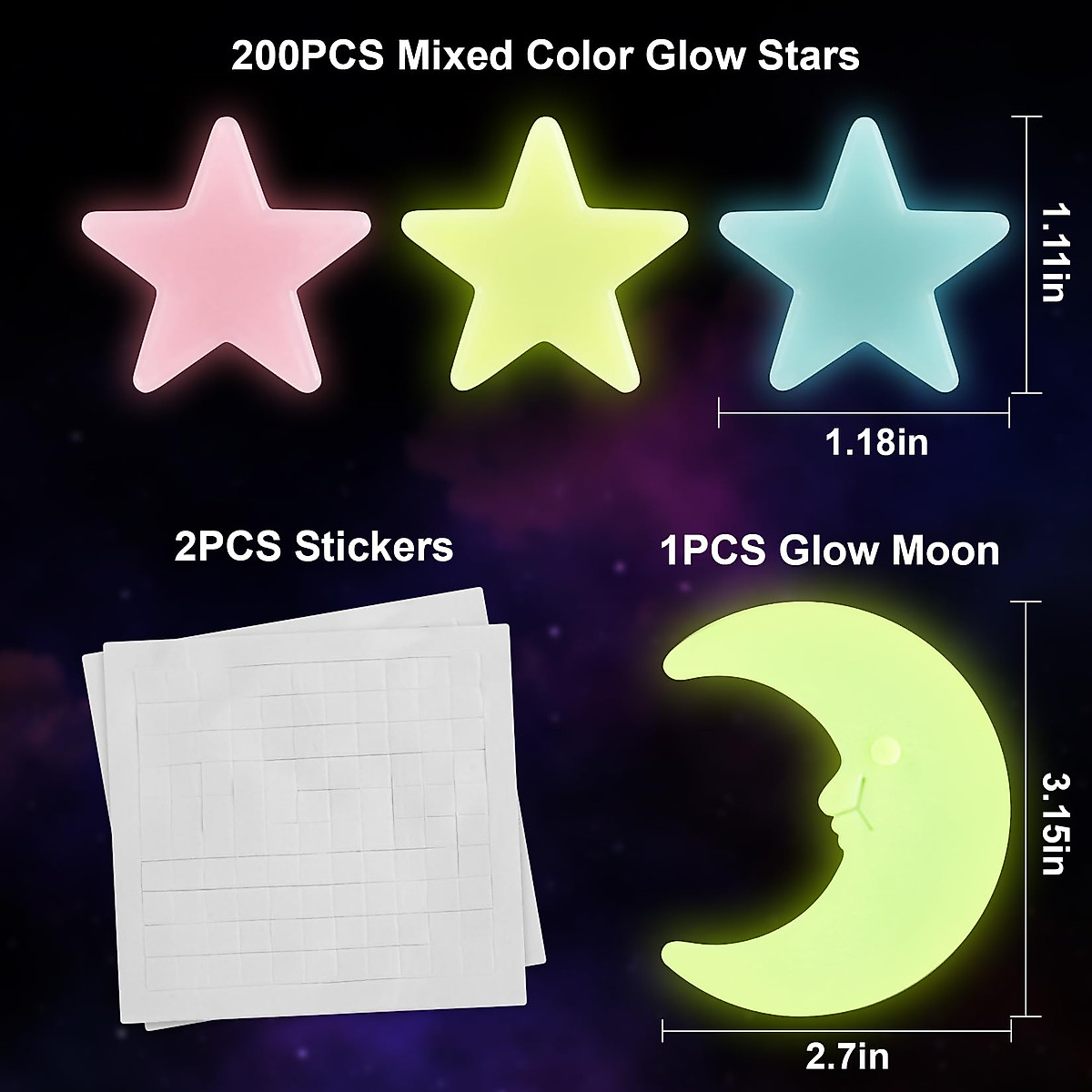 MAQIHAN 200 Glow in The Dark Stars for Ceiling - Glowing Stars and Moon Stickers Estrellas que brillan en la oscuridad para el techo de cuarto Plastic Space Galaxy Decals Bedroom Wall Decorations