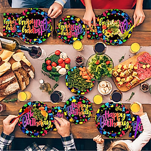 Kepeel 96 Pcs Neon Party Plates, Glow Birthday Party Supplies Disposable Paper Plates Dessert Napkins Glow in the Dark Favors Decorations Graffiti Tableware For Kids, Serves 24