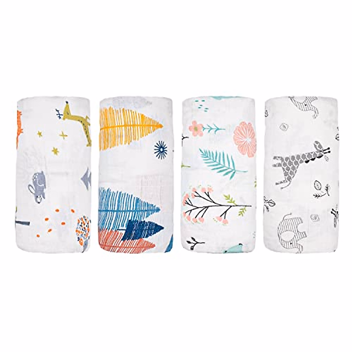 Kingrol 4 Pack Baby Muslin Swaddle Blankets, Soft Unisex Swaddle Wrap for Boys and Girls, Large Neutral Receiving Blanket for Newborn Infant, Bear/Fox/Elk/Elephant