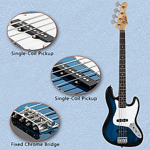 Glarry Gjazz Electric Bass Guitar 4 String Full Size for Beginner Right Hand with Shoulder Strap, Wrench Tool, Power Line and Bag (Dark Blue)