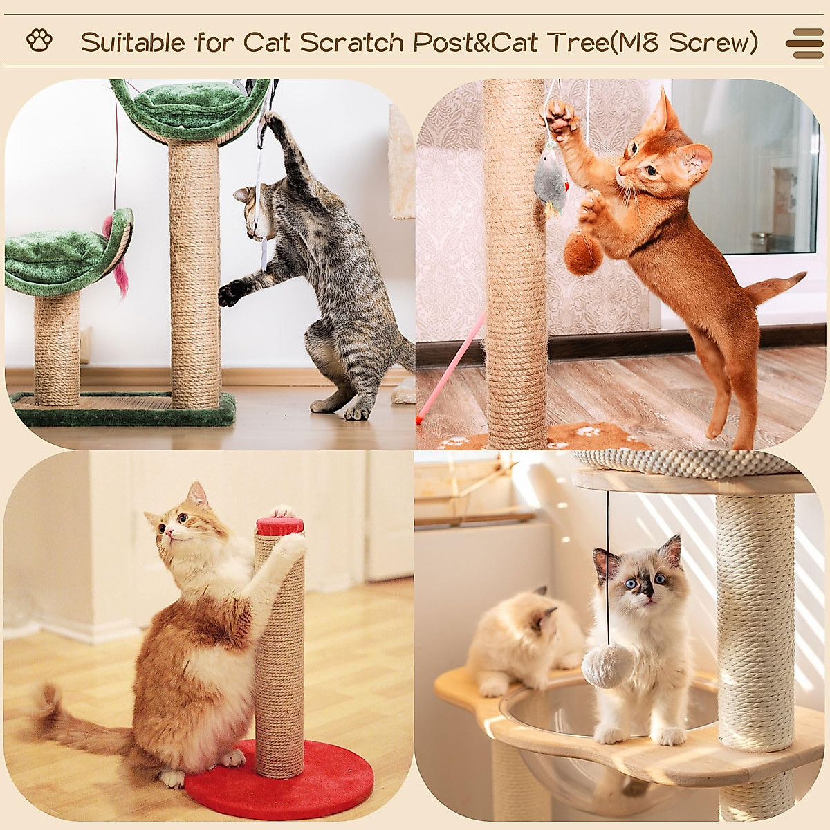 2 Root Cat Scratching Post Replacement 17.72x3.54 Cat Tree Scratch Post Replacement Natural Sisal Pole Cat Scratch Post Refill Pole Part with M8 Screws for Kitten Tree Tower Cat Furniture Accessories