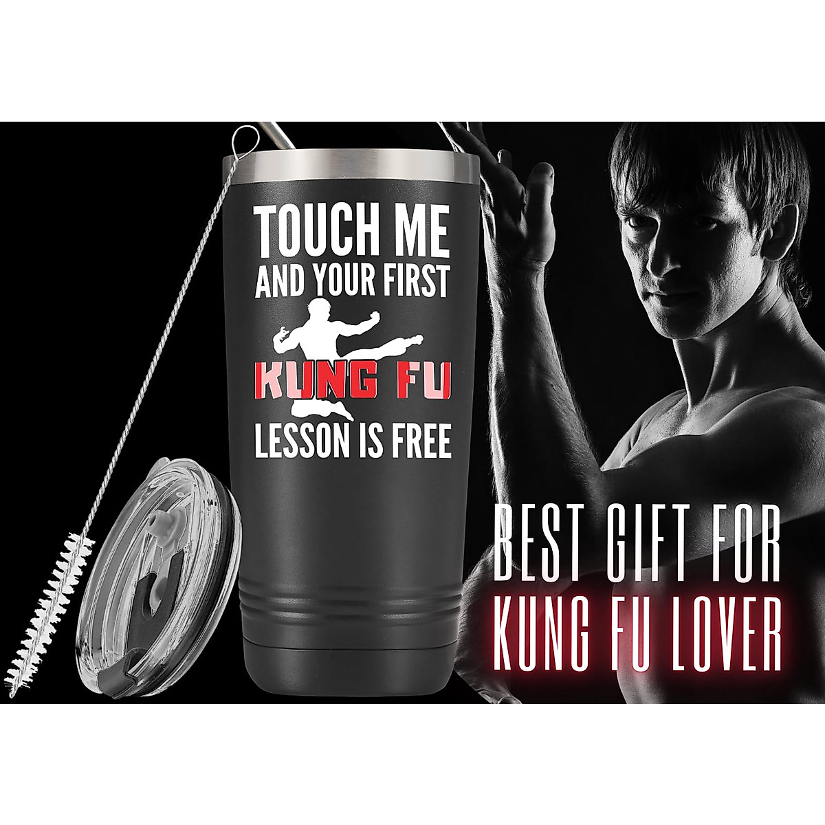 Onebttl Kung Fu Gifts For Men Women, Gifts for Kung Fu Lover, Touch Me and Your First Kung Fu Lesson is Free 20 oz Stainless Steel Insulated Tumbler with Straw, Lid