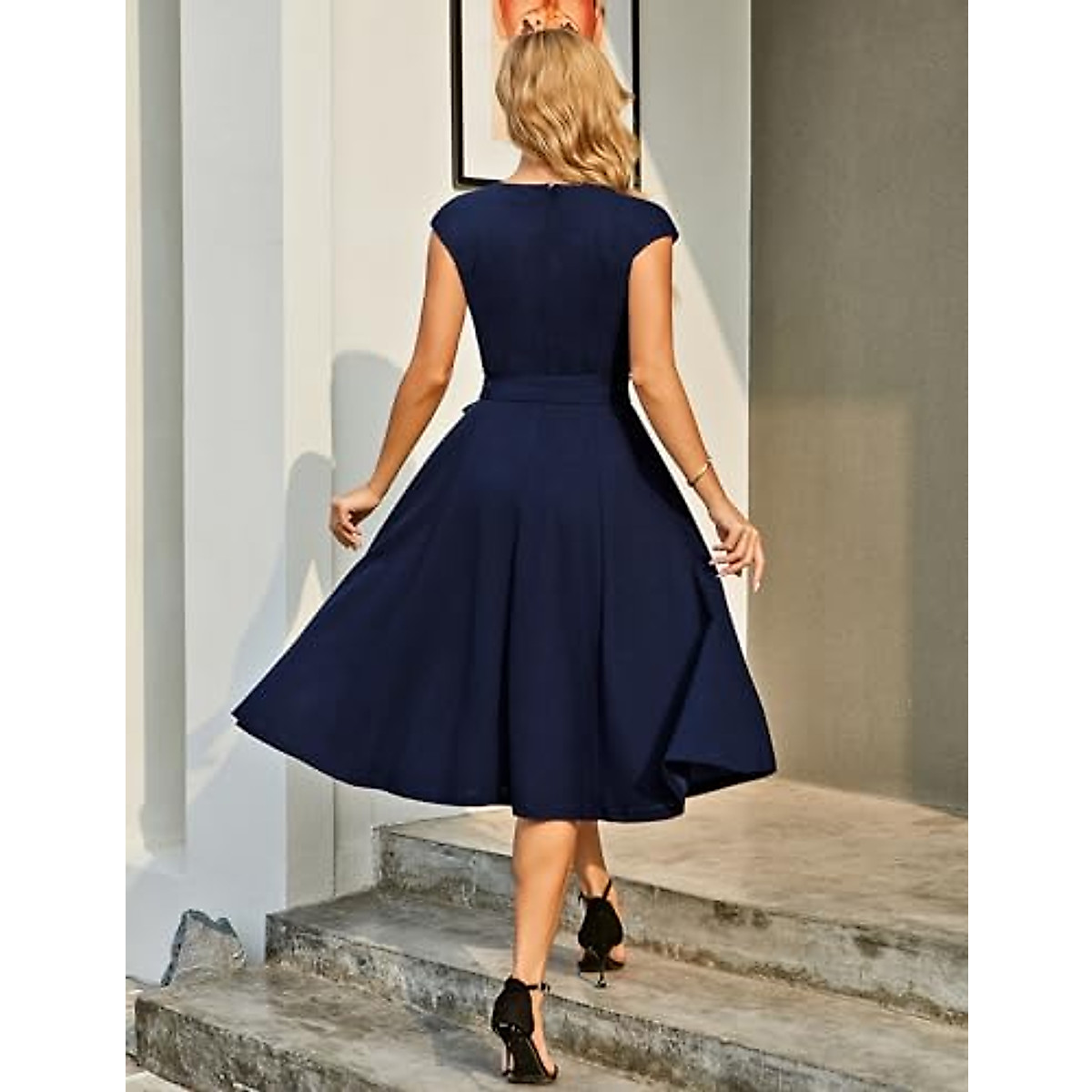 DRESSTELLS Women's Cocktail Dresses for Wedding Guest 2024, Formal Fit Flare Homecoming Prom Vintage Tea Party Hepburn Dress, Modest Funeral Midi Dress Navy M