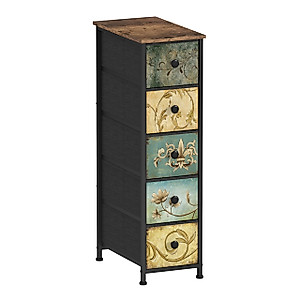 Tohomeor Narrow Storage Dresser Slim Dresser with Retro Flowers Fabric Drawers Vertical Skinny Cabinet for Small Spaces,Bathroom,Bedroom Closet Nightstand,Entryway Organizer (Retro Flower, 5 Drawers)