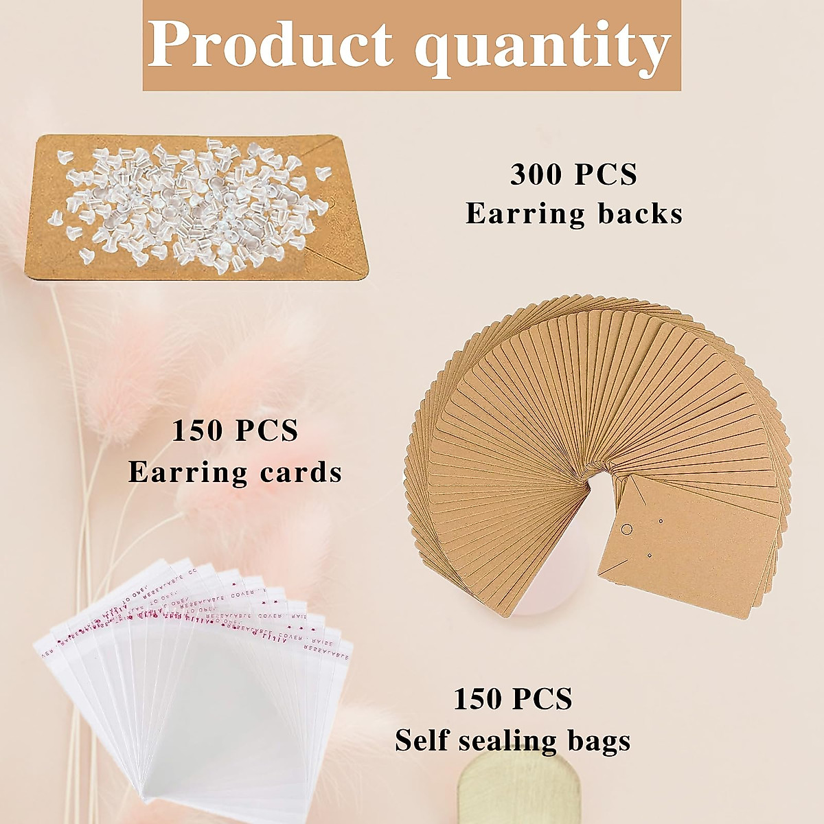 SXDMHYB Earring Cards,earring cards for selling,with 150 Kraft Paper Earring Display Cards,300Clear Earring Backs,150 Self Adhesive Bags,for Hanging earrings,Jewelry,Jewelry Bags 3.5"x2.4"(Brown)