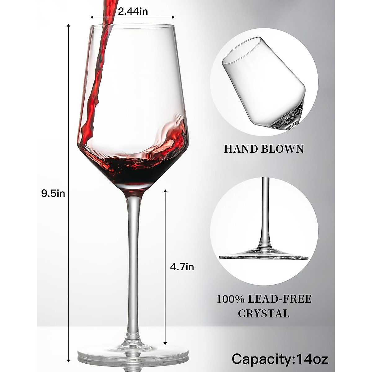 Physkoa Wine Glasses Set of 6-14 oz, Thin Rim, Crystal, Hand Blown, Long Stem - Perfect for Red or White, Gifts for Wine Lovers, Valentine's Day Gifts