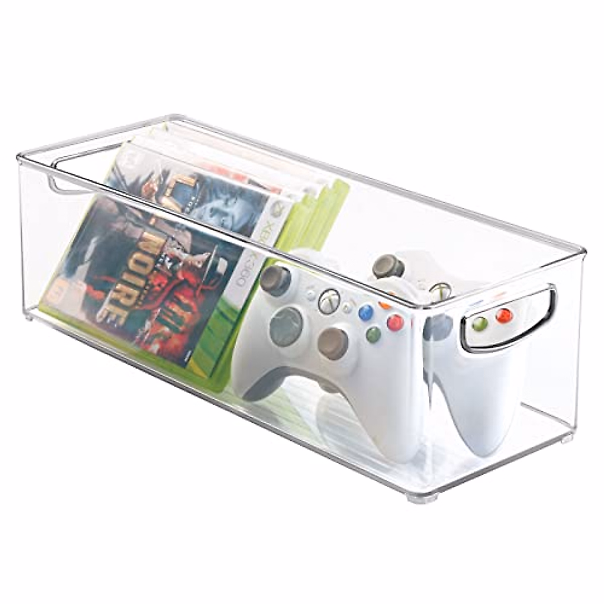 mDesign Plastic Video Game Organizer - Game Storage Holder Bin with Handles for Media Console Stand, Closet Shelf, Cabinets, Tower, and Bookshelves - Holds Disc, Video Games, Head Sets - 2 Pack, Clear