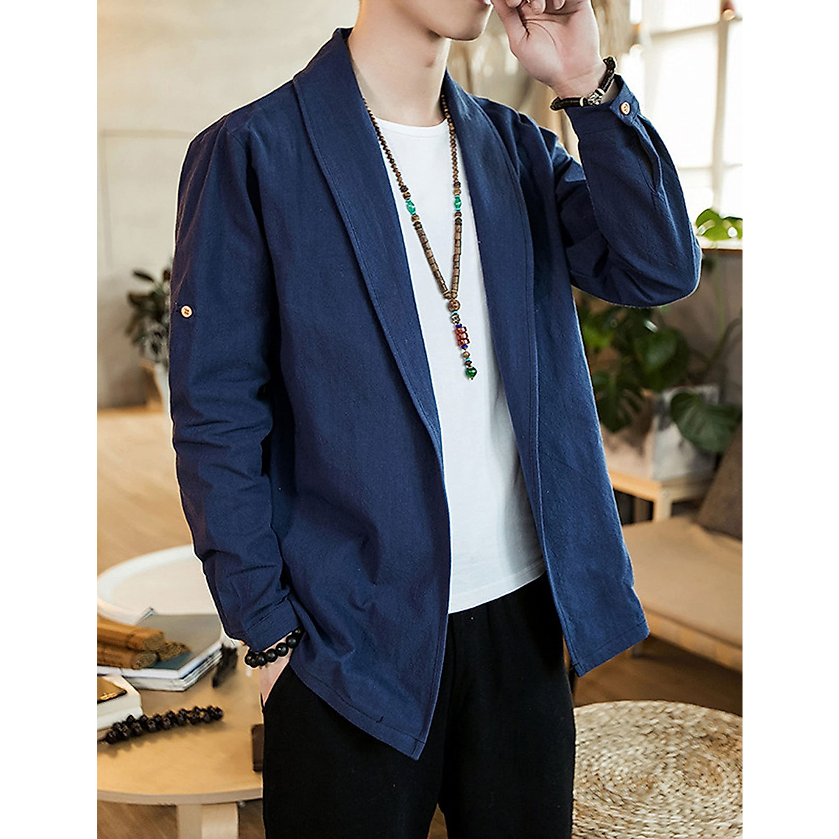 Mingzhu Mens Cotton Linen Blazer Jacket Roll Up Long Sleeve Notched Lapel Sport Coat(0733-NavyBlue-XL)