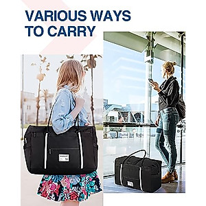 BAGSMART Travel Duffle Bag for Women, Multi Pockets Carry On Weekender Overnight Bag, Foldable Travel Tote Bag for Personal Items, Black