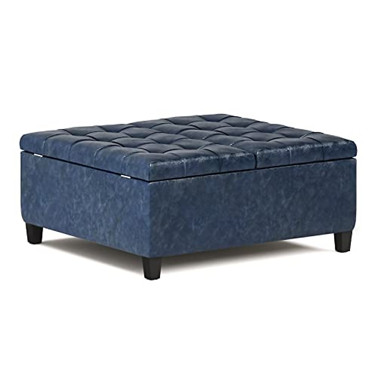 SIMPLIHOME Harrison 36 inch Wide Transitional Square Coffee Table Storage Ottoman in Denim Blue Vegan Faux Leather, Assembled, For the Living Room and Bedroom